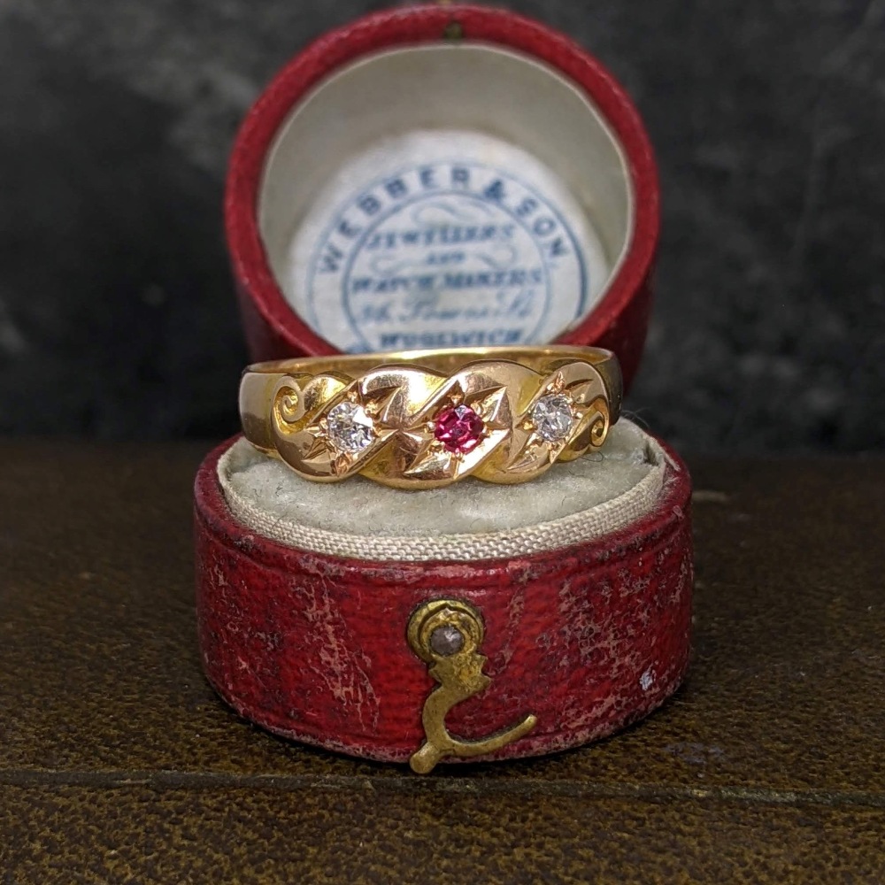 Antique Ruby and Diamond Ring in 15ct Gold – 1897 - The Antiques Room